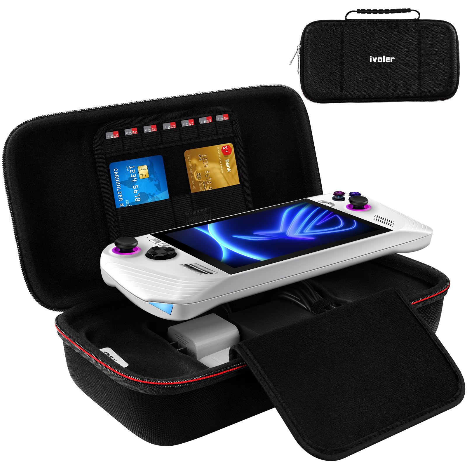 ivoler Carrying Case for Asus Rog Alloy 7''2023/Asus Rog Ally X 2024, Portable Hard Shell Pouch Travel Bag Built-in Gaming Charger Dock Storage, Holds 7 MicroSD and 2 Credit Sized Cards -Black