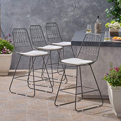 Great Deal Furniture Ella Outdoor Counter Stools, 26" Seats, Modern, Geometric, Gray Iron Frames with Ivory Cushion (Set of 4)