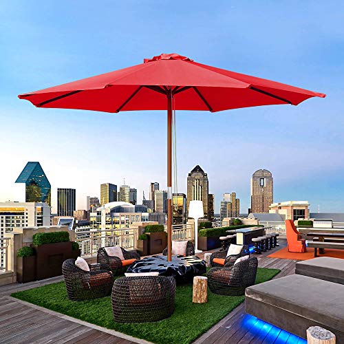 Yescom 9ft Wooden Outdoor Patio Red Umbrella W/ Pulley Market Garden Yard Beach Deck Cafe Sunshade