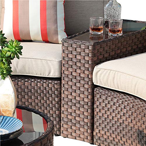SUNSITT Rattan PE Resin Wicker Patio Side Table 2-Pack Sofa Wedge End Table with Tempered Glass Top, Brown
