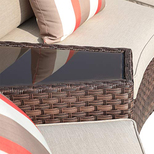 SUNSITT Rattan PE Resin Wicker Patio Side Table 2-Pack Sofa Wedge End Table with Tempered Glass Top, Brown
