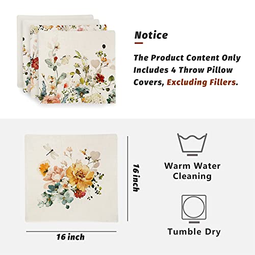GDHBLING Floral Throw Pillow Covers 16x16 Inch Set of 4 Spring Decorative Pillow Covers Outdoor Couch Pillow Covers