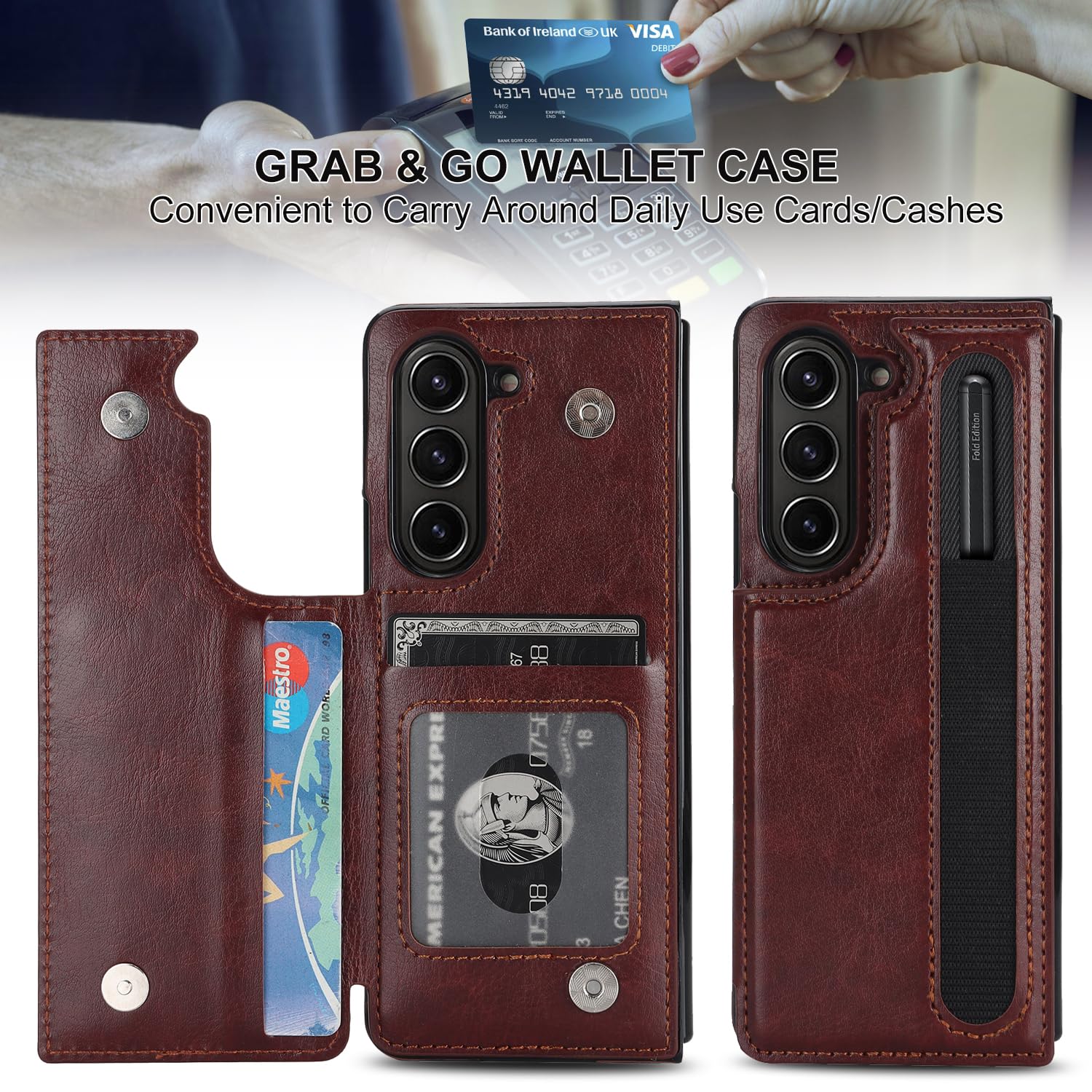 XIMAND for Samsung Galaxy Z Fold 5 Wallet Case with Credit Card Holder and S-Pen Holder,Fold Premium Leather Magnetic Clasp Kickstand Heavy Duty Protective Cover.(Brown)