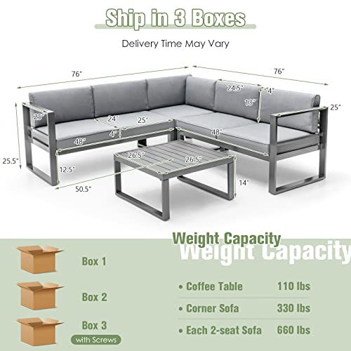 Tangkula 4 Pieces Aluminum Patio Furniture Set, Patiojoy All Weather Heavy Duty Cushioned Outdoor L Shaped Sofa Set for Poolside, Backyard, Deck, and Garden (Grey)