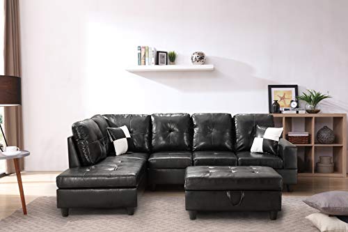 OPTOUGH Faux Leather Sectional Sofa Set, L-Shape Couch with Left Chaise, Storage Ottoman, and 2 Pillows for Living Room Furniture, Black