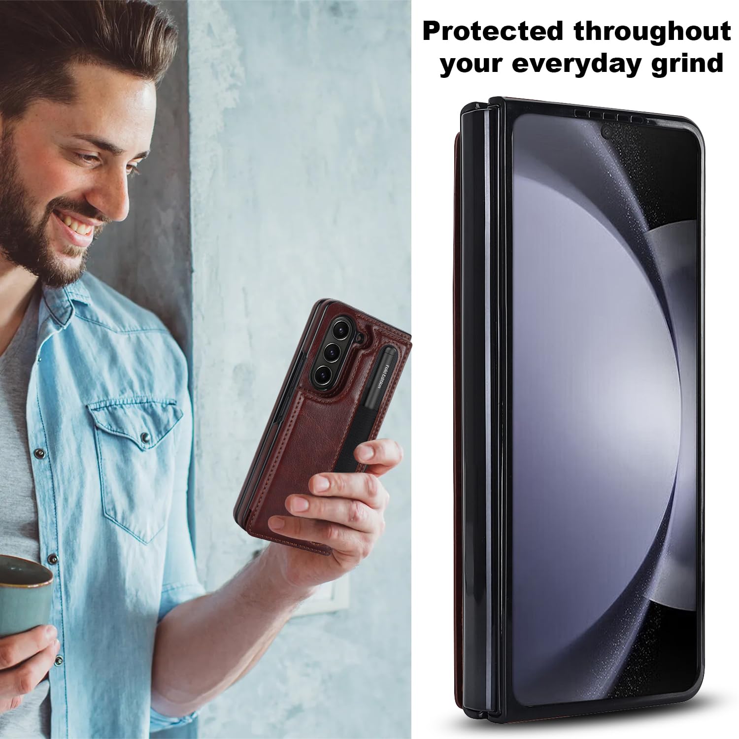 XIMAND for Samsung Galaxy Z Fold 5 Wallet Case with Credit Card Holder and S-Pen Holder,Fold Premium Leather Magnetic Clasp Kickstand Heavy Duty Protective Cover.(Brown)