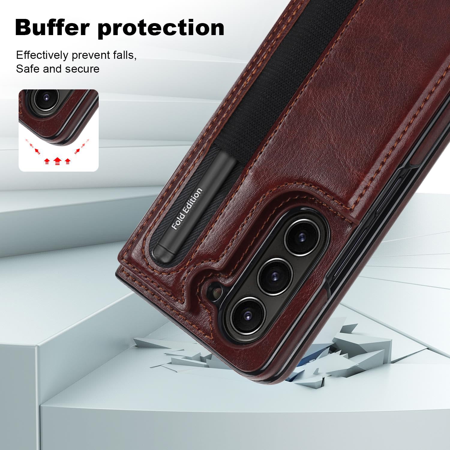 XIMAND for Samsung Galaxy Z Fold 5 Wallet Case with Credit Card Holder and S-Pen Holder,Fold Premium Leather Magnetic Clasp Kickstand Heavy Duty Protective Cover.(Brown)
