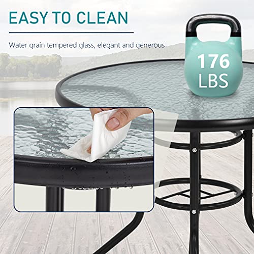 FDW with Umbrella Hole Outdoor Dining Round Tempered Glass All Weather Outside Clearance Patio Table for Yard Bistro Lawn Balcony, Black