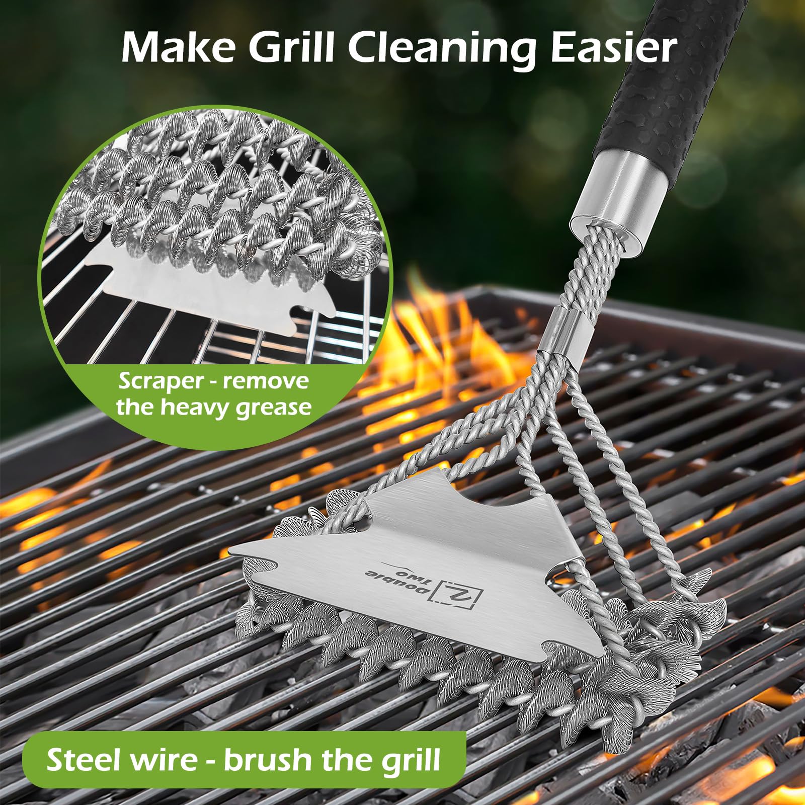 Double Two - Grill Brush with Scraper, Grill Brush for Outdoor Grill, No Bristle Grill Brush, Safe BBQ Grill Brush, Grill Cleaning Brush, BBQ Brush for Grill Cleaning, Barbecue Accessory