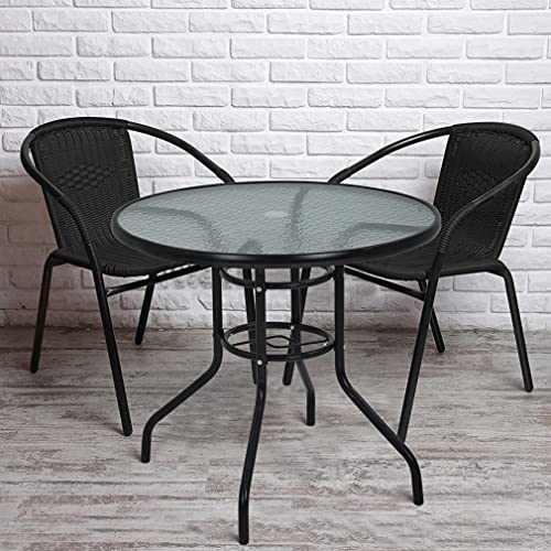FDW with Umbrella Hole Outdoor Dining Round Tempered Glass All Weather Outside Clearance Patio Table for Yard Bistro Lawn Balcony, Black