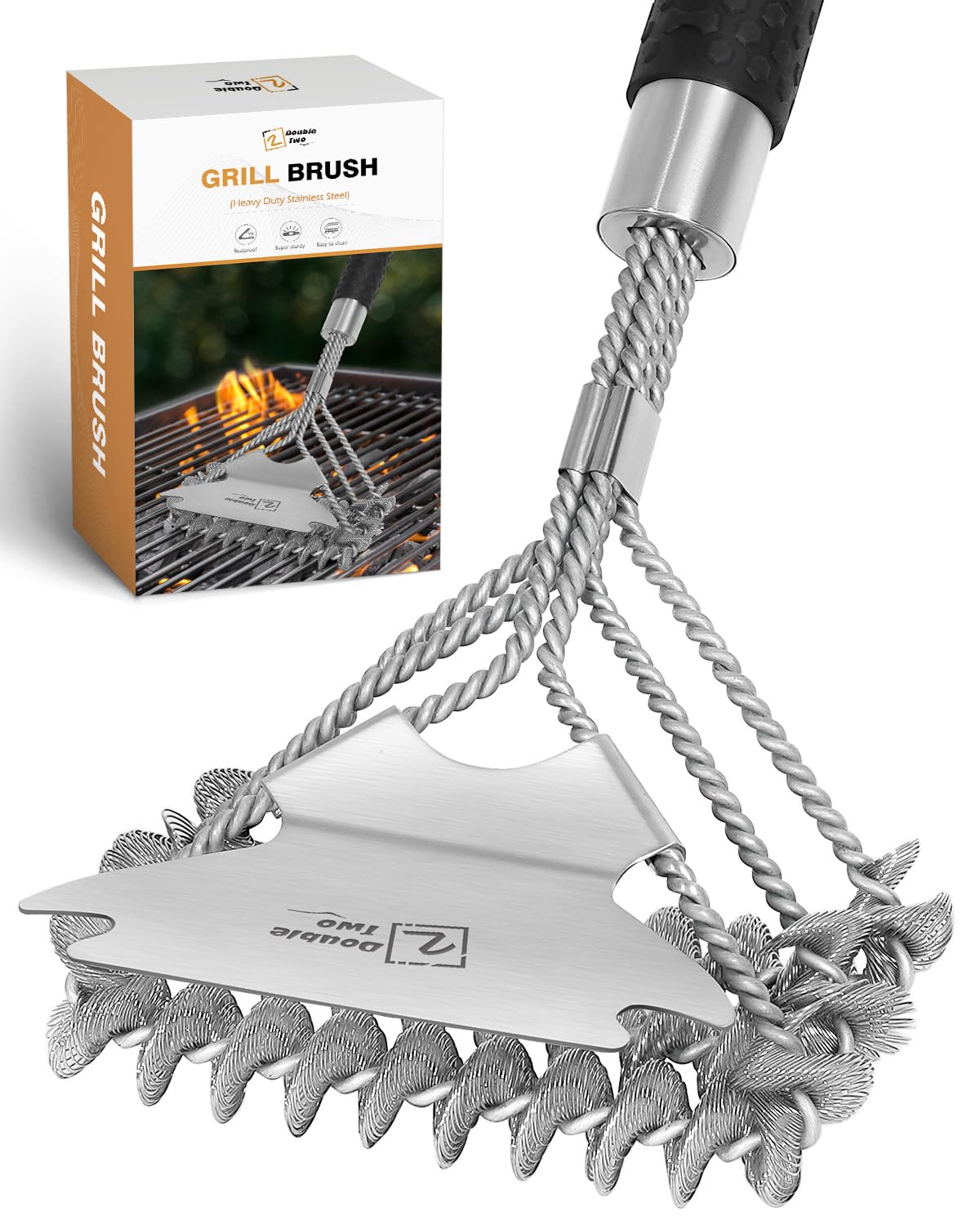 Double Two - Grill Brush with Scraper, Grill Brush for Outdoor Grill, No Bristle Grill Brush, Safe BBQ Grill Brush, Grill Cleaning Brush, BBQ Brush for Grill Cleaning, Barbecue Accessory