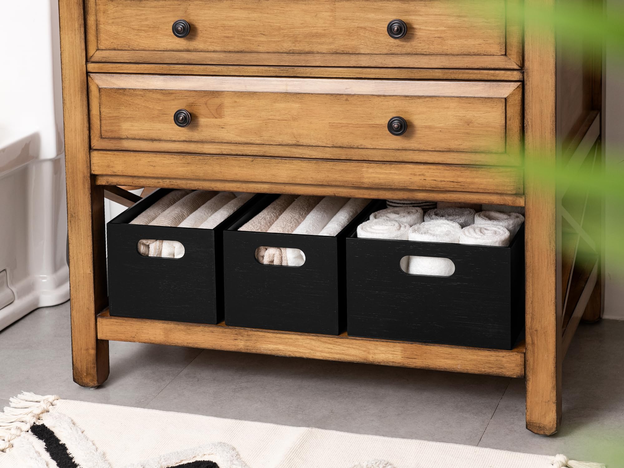 StorageWorks Bamboo Organizers for Shelves, Handcrafted Bamboo Storage Containers for Snacks, Spices, or Drinks, Black Wooden Crates with Built-in Handles, 2 Pack