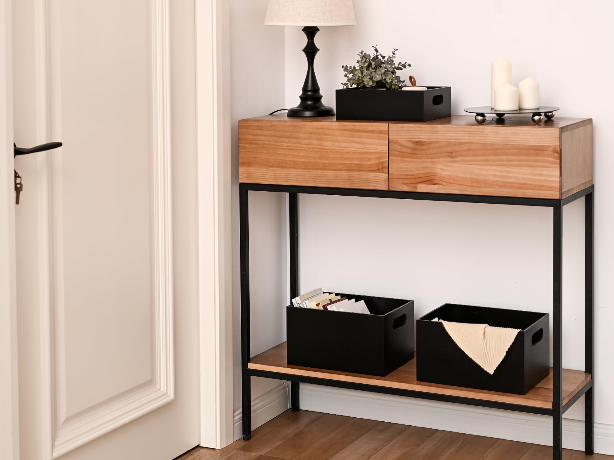 StorageWorks Bamboo Organizers for Shelves, Handcrafted Bamboo Storage Containers for Snacks, Spices, or Drinks, Black Wooden Crates with Built-in Handles, 2 Pack