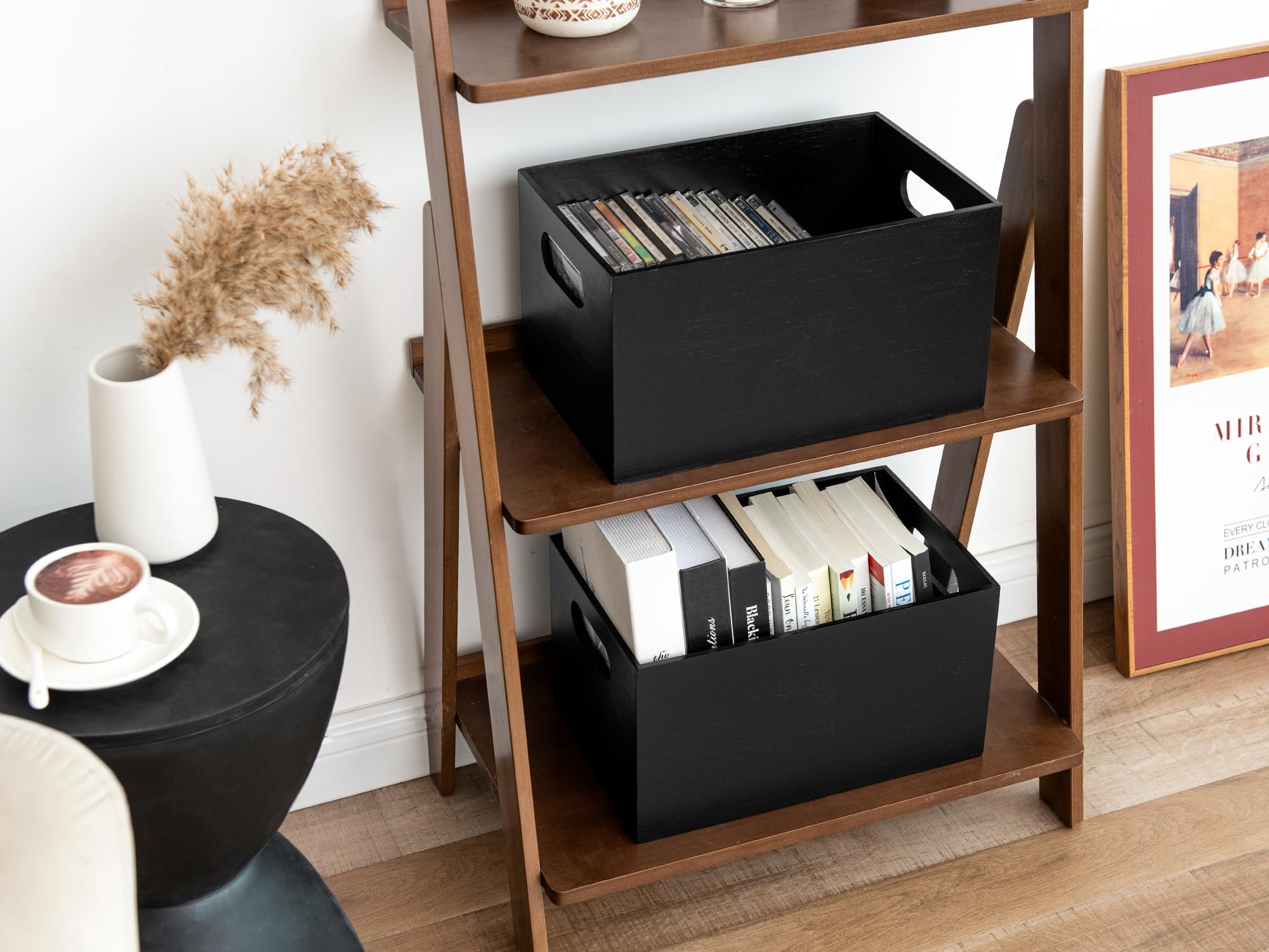 StorageWorks Bamboo Organizers for Shelves, Handcrafted Bamboo Storage Containers for Snacks, Spices, or Drinks, Black Wooden Crates with Built-in Handles, 2 Pack