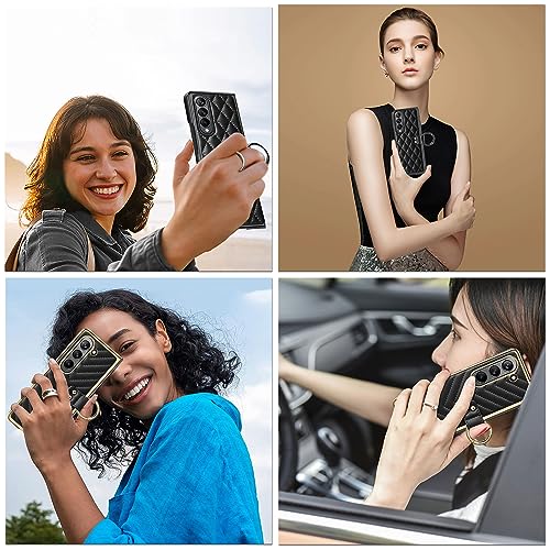 Designed for Samsung Galaxy Z Fold 5 Case with Ring Holder & Built-in Screen Protector Women Stylish Quilted Leather Luxury Gold Plated Frame Case for Samsung Z Fold 5 2023,Pink