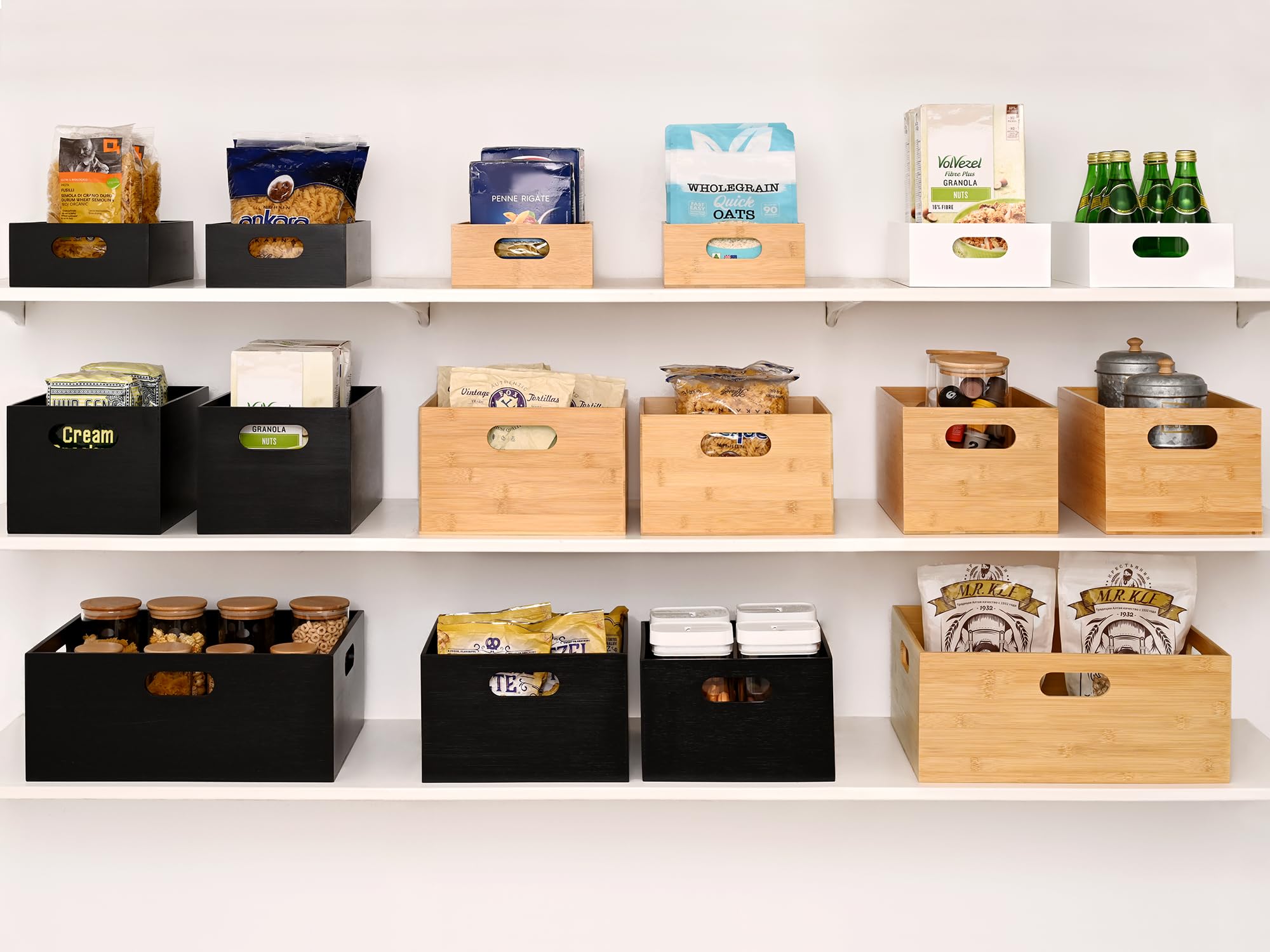 StorageWorks Bamboo Organizers for Shelves, Handcrafted Bamboo Storage Containers for Snacks, Spices, or Drinks, Black Wooden Crates with Built-in Handles, 2 Pack