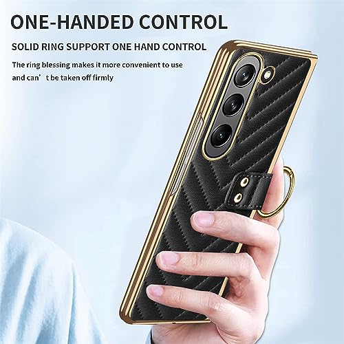 Designed for Samsung Galaxy Z Fold 5 Case with Ring Holder & Built-in Screen Protector Women Stylish Quilted Leather Luxury Gold Plated Frame Case for Samsung Z Fold 5 2023,Pink