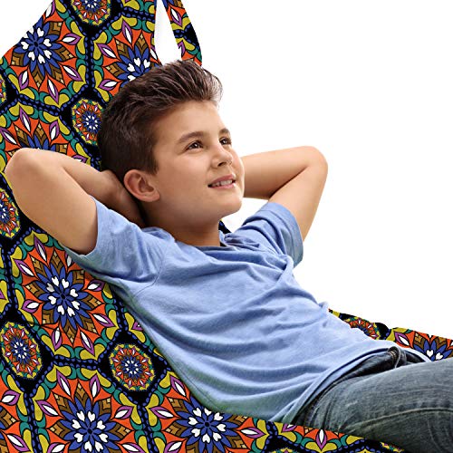 Ambesonne Orange Mandala Lounger Chair Bag, Stained Glass Mosaic Looking Ornamental Geometrical Abstract Floral Pattern, High Capacity Storage with Handle Container, Lounger Size, Multicolor