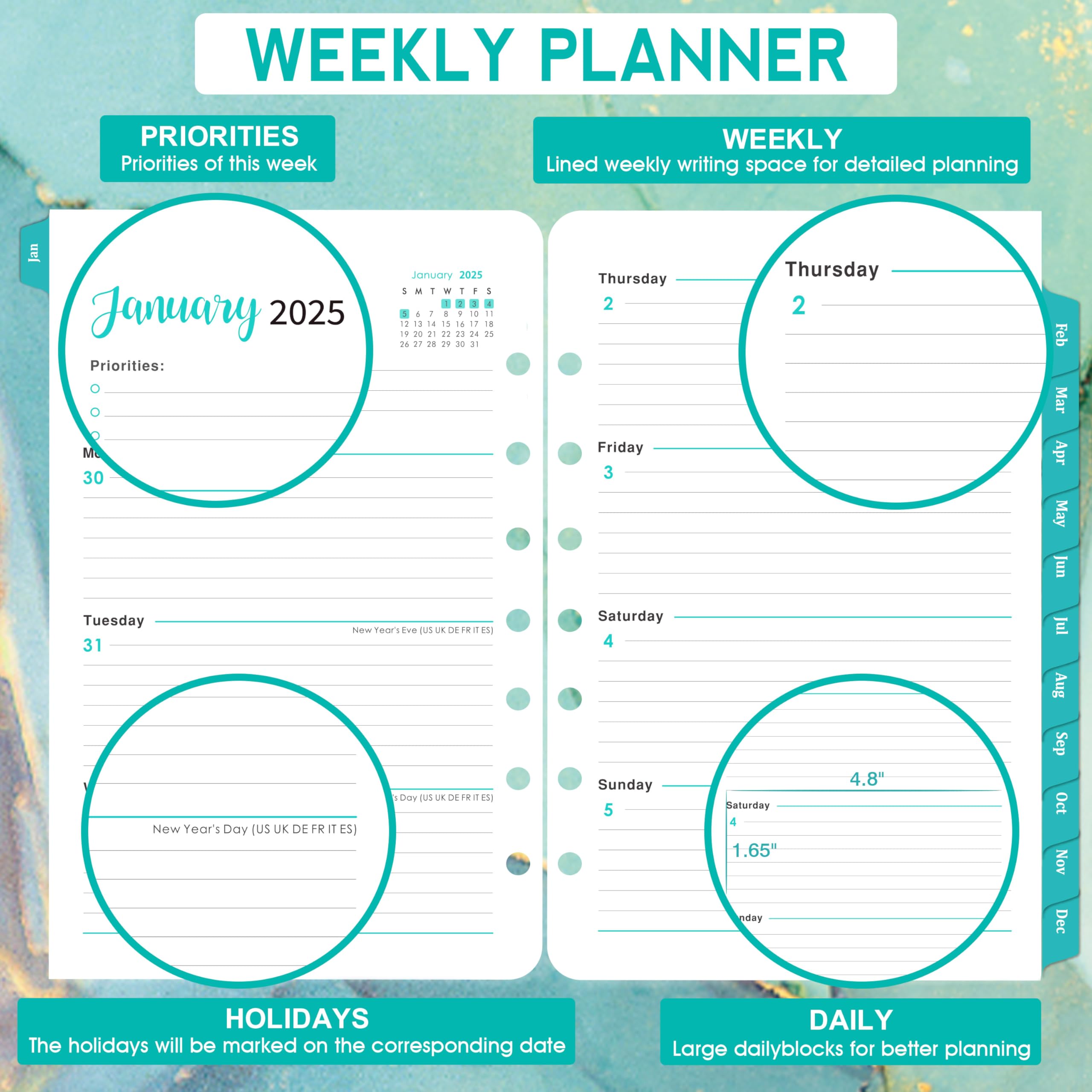 2024-2025 Planner Refills - Planner Refills, JUL 2024 - JUN 2025, A5 Planner Inserts, 5.5 x 8.5 inch, 7 Holes, 2024-2025 Weekly & Monthly Planner Refills, A5 Planner Refills - Green