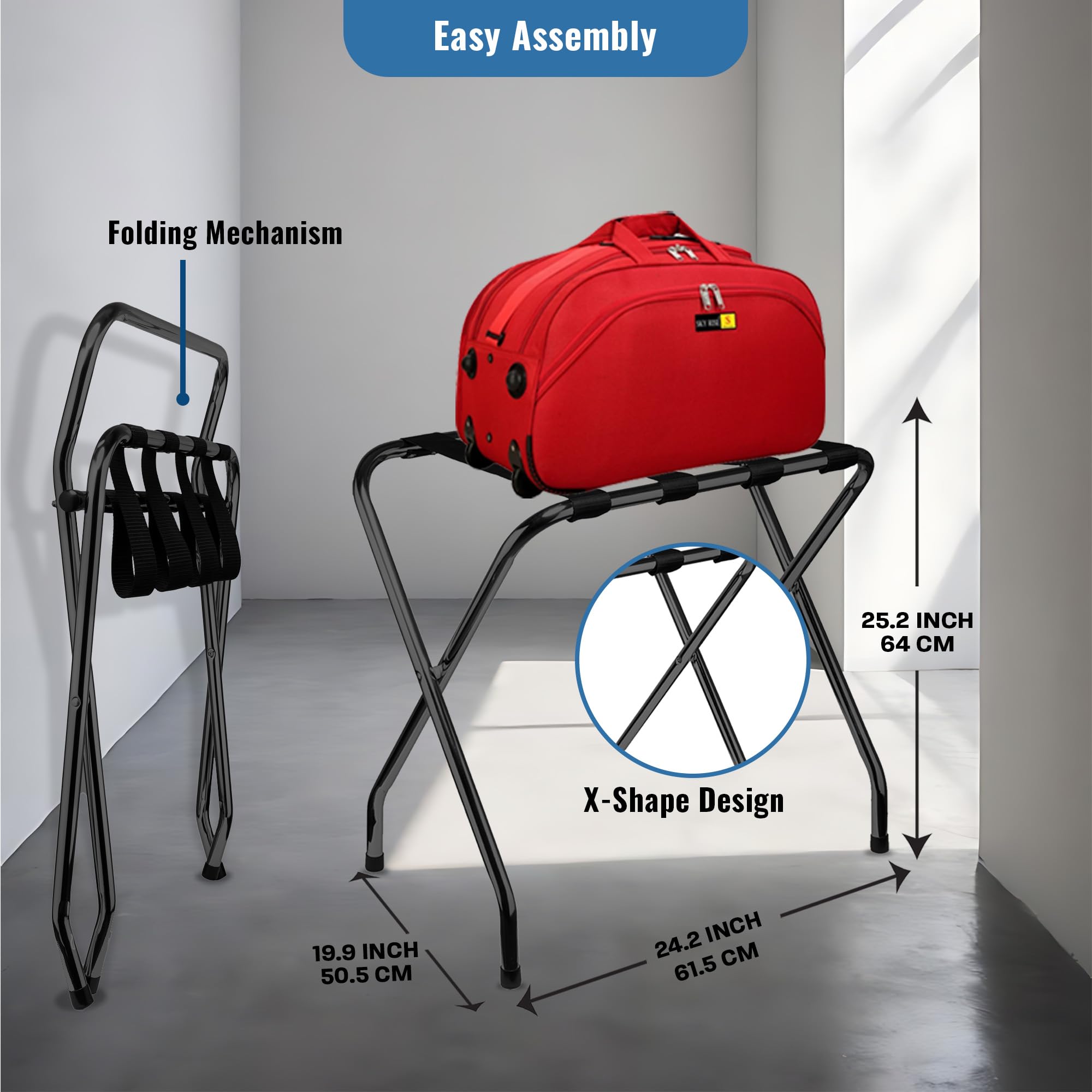 USTECH Luggage Rack-Single Tier, Pack of 1, Black, Fully Asssembled, Foldable Rack for Guest Room
