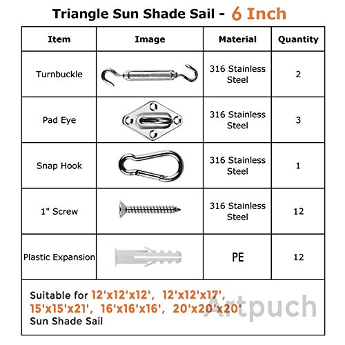 Artpuch Sun Shade Sail Hardware Kit 6 Inch for Triangle Sun Shade Sail Outdoor Installation 304 Stainless Steel