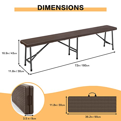 Todeco 2Pcs Folding Benches, 6 Ft Portable Foldable Bench Seat for Soccer Camping Picnic Party with Carrying Handle, Suit for Indoor & Outdoor, Brown Imitated Rattan