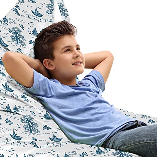 Ambesonne East Lounger Chair Bag, Monochrome Chinese Traditional Elements Lake Mountains Trees Scenery, High Capacity Storage with Handle Container, Lounger Size, Dark Turquoise and White
