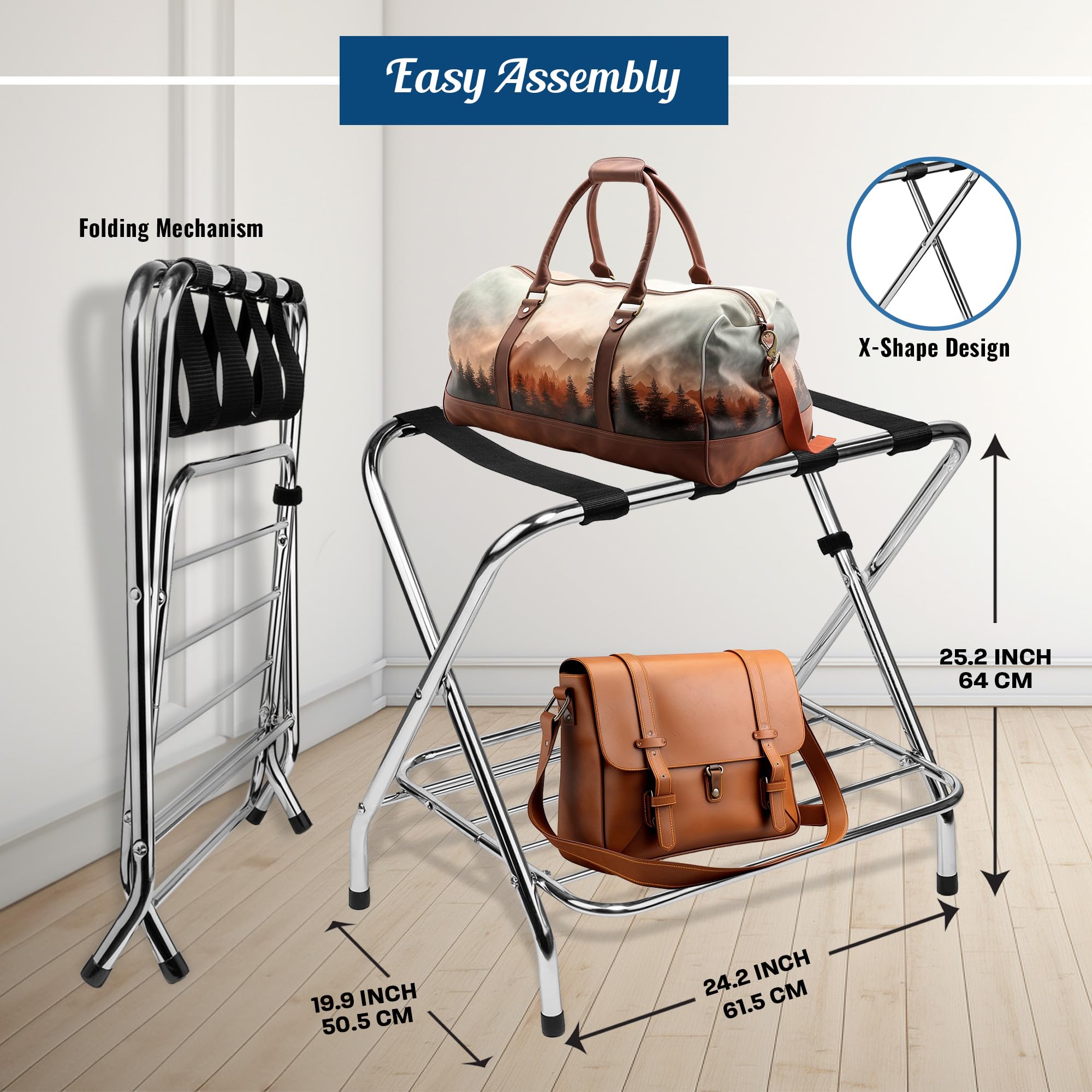 USTECH Luggage Rack-Double Tier, Chrome, Self Asssembly, Foldable Rack for Guest Room