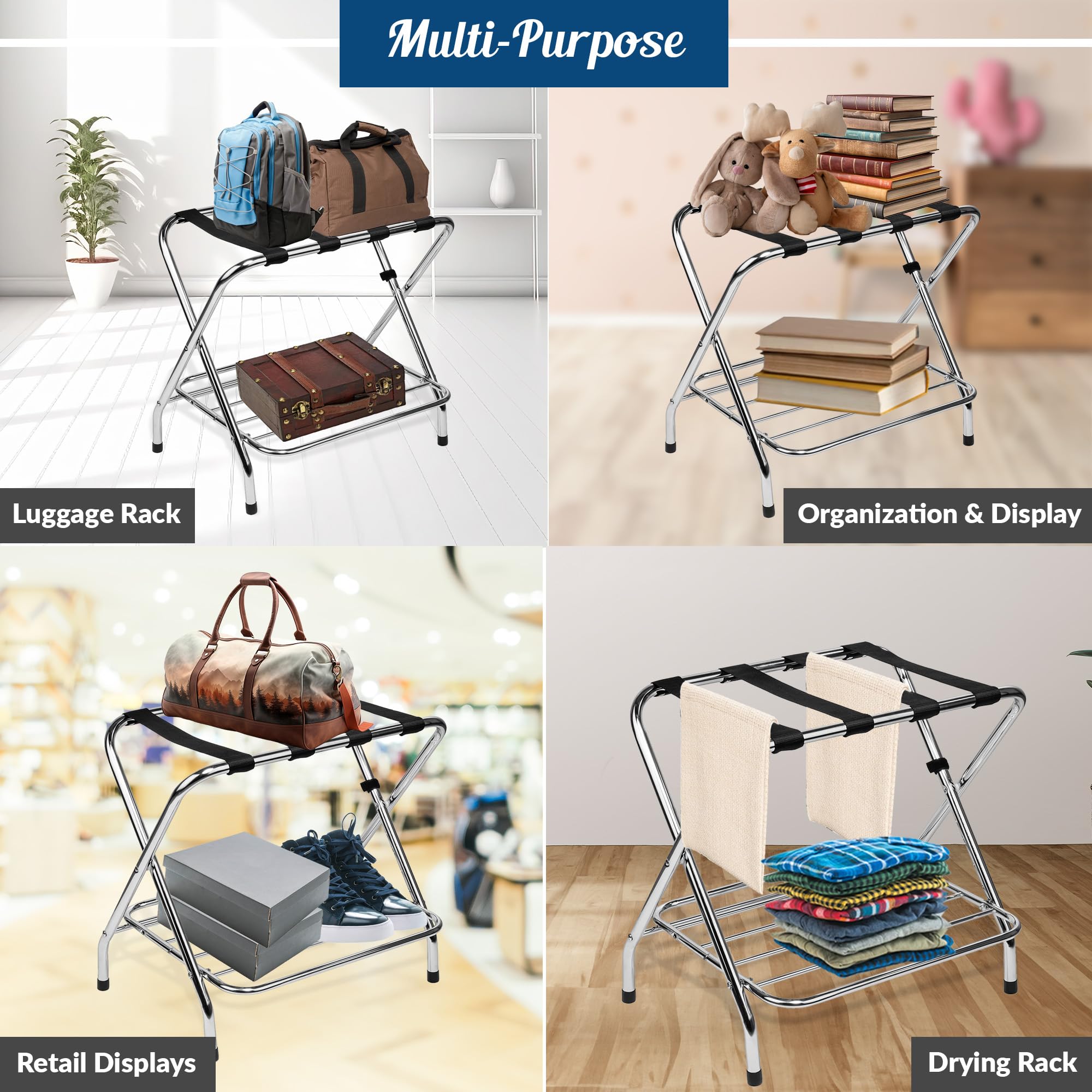 USTECH Luggage Rack-Double Tier, Chrome, Self Asssembly, Foldable Rack for Guest Room