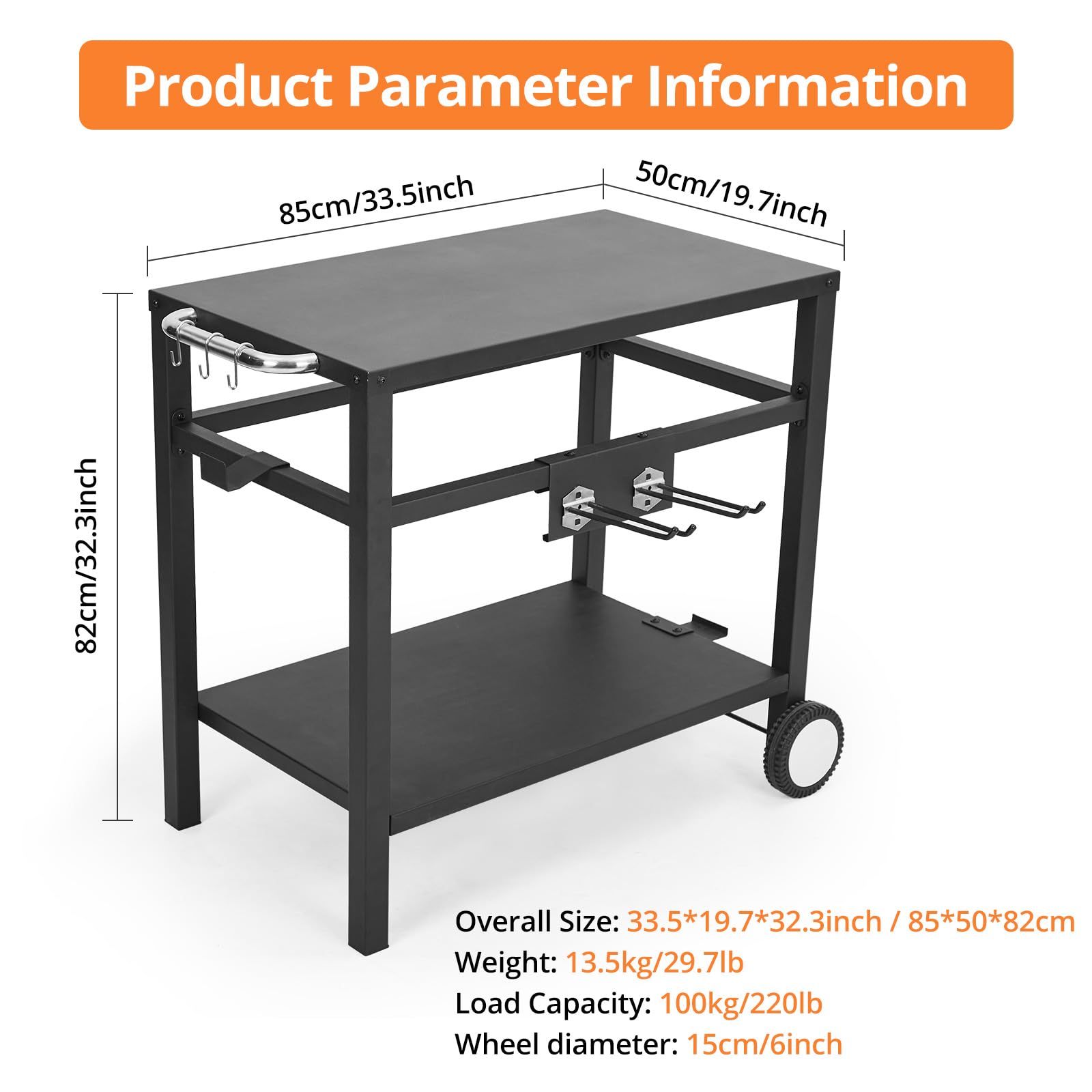 AKDSteel Grill Cart with Wheels & Hooks, Double-Shelf Outdoor Movable Dining Cart Table for Bar Patio Camping Home Cooking Table for Outdoors Stainless Steel
