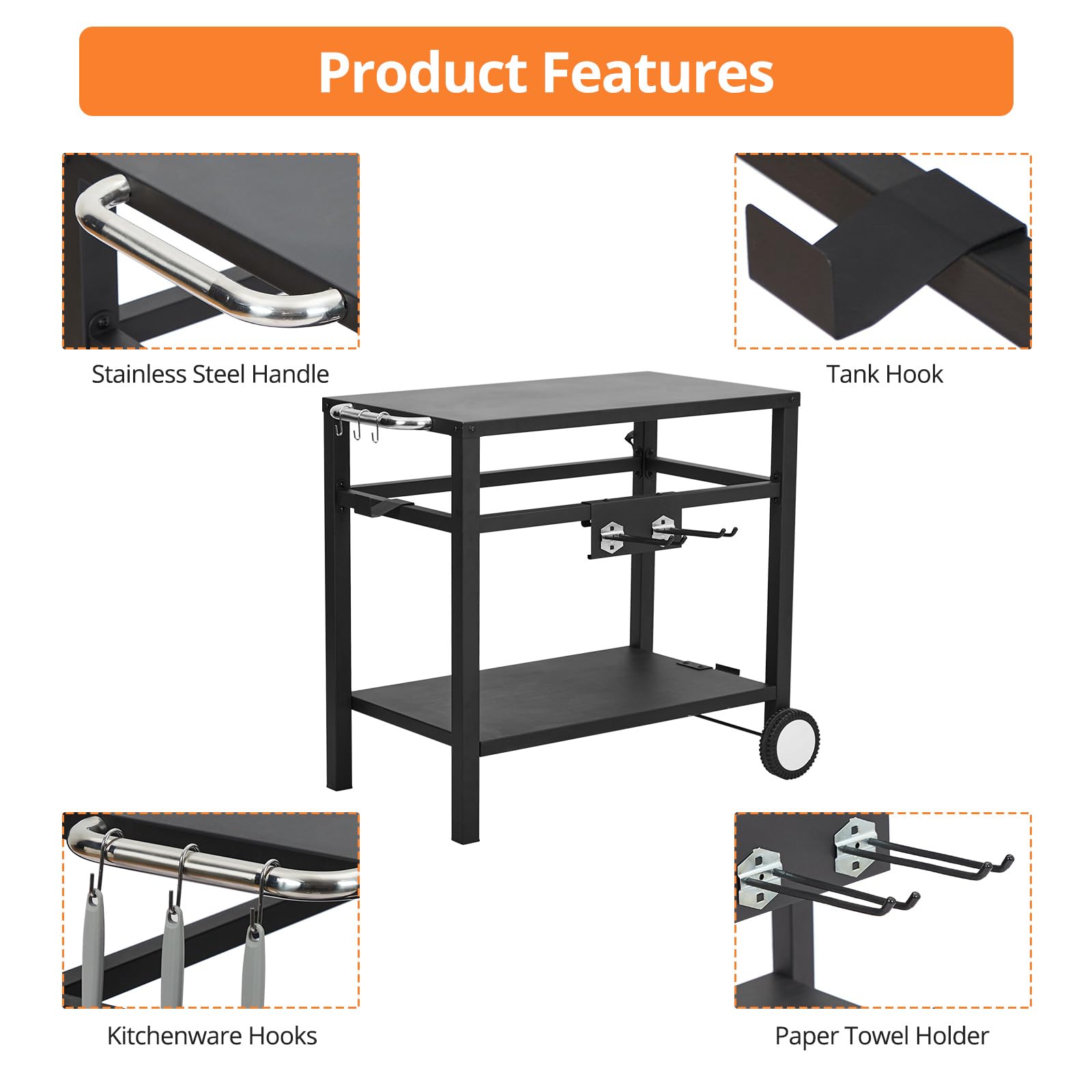 AKDSteel Grill Cart with Wheels & Hooks, Double-Shelf Outdoor Movable Dining Cart Table for Bar Patio Camping Home Cooking Table for Outdoors Stainless Steel