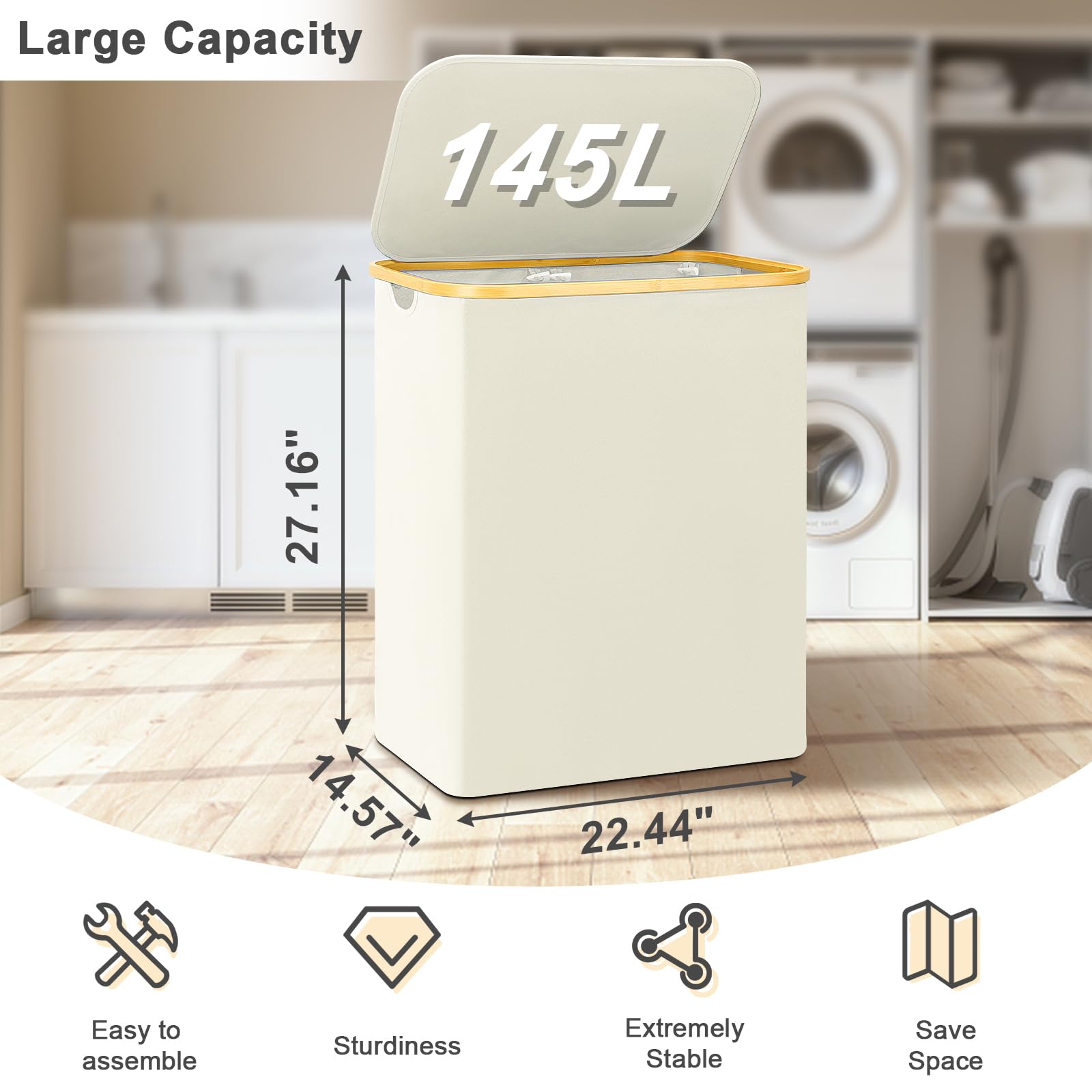 Bellzacasa Double Laundry Hamper with Lid, 145L Large Collapsible Hampers for Laundry with Removable Laundry Bags, Divided Dirty Clothes Laundry Basket for Laundry Room, Bedroom, Bathroom (Beige)