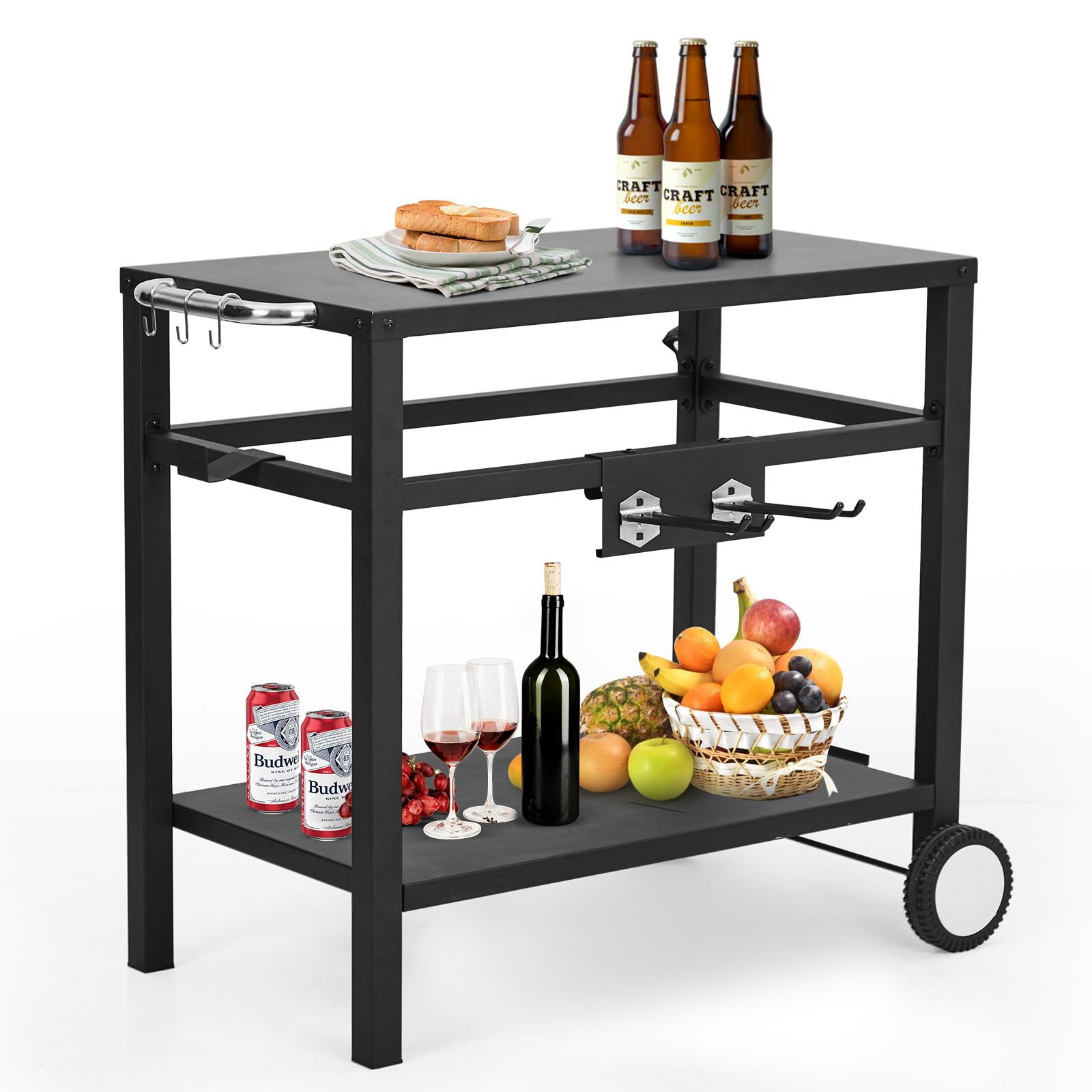 AKDSteel Grill Cart with Wheels & Hooks, Double-Shelf Outdoor Movable Dining Cart Table for Bar Patio Camping Home Cooking Table for Outdoors Stainless Steel