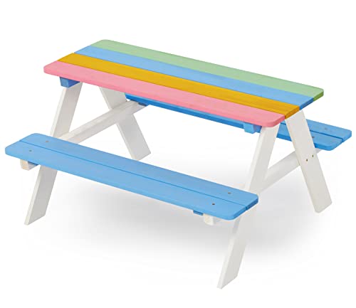 Mederra Rainbow Kids Picnic Table for Outdoor, Wooden Table & Chair Set, Kids Activity Sensory Table