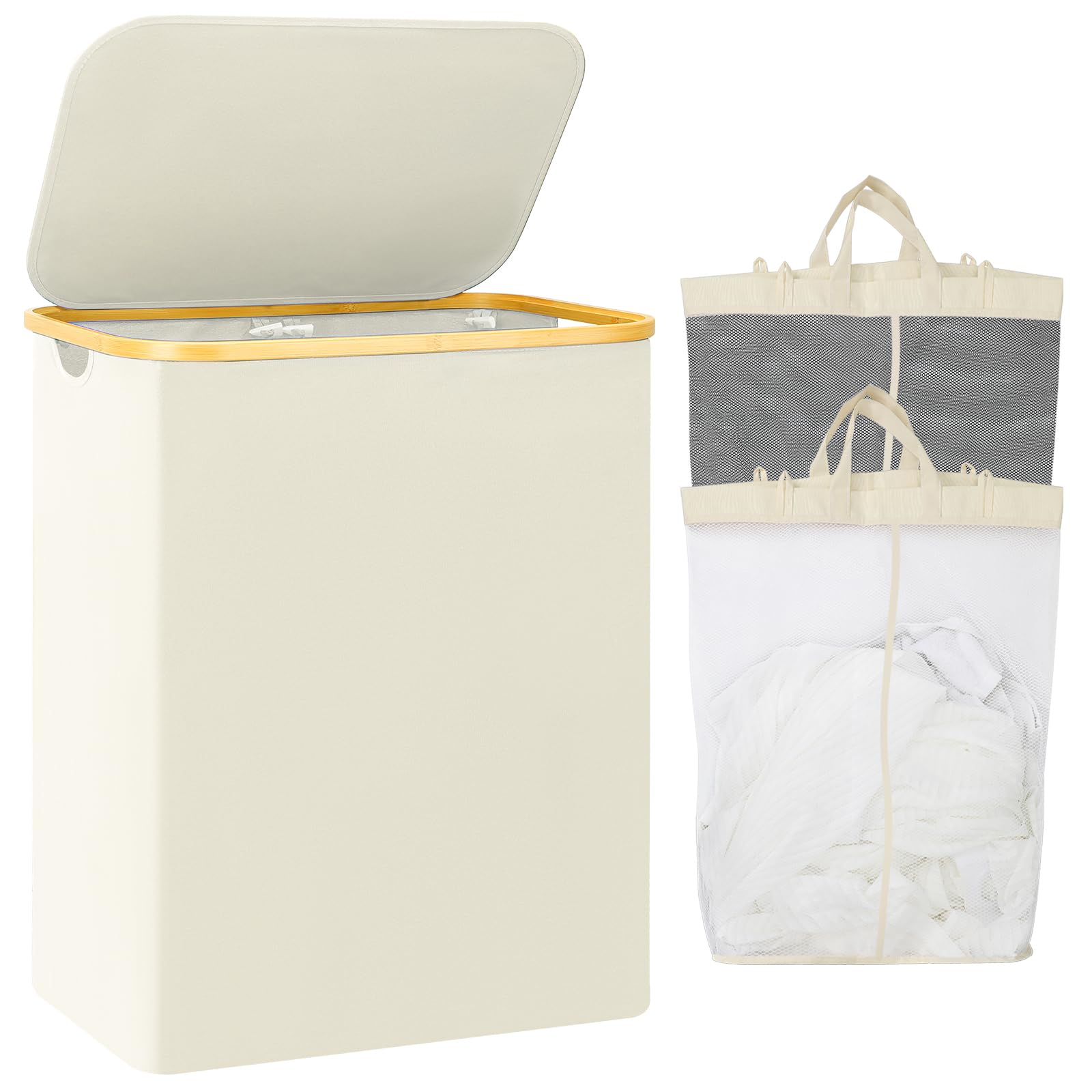 Bellzacasa Double Laundry Hamper with Lid, 145L Large Collapsible Hampers for Laundry with Removable Laundry Bags, Divided Dirty Clothes Laundry Basket for Laundry Room, Bedroom, Bathroom (Beige)