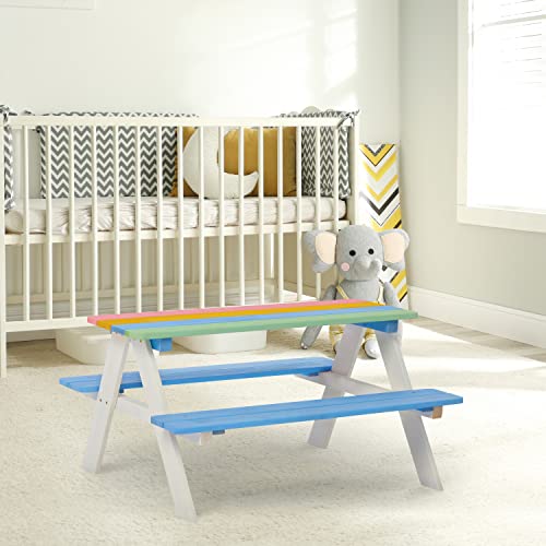 Mederra Rainbow Kids Picnic Table for Outdoor, Wooden Table & Chair Set, Kids Activity Sensory Table