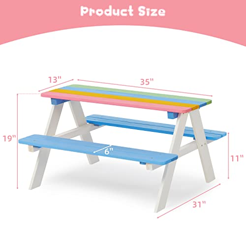 Mederra Rainbow Kids Picnic Table for Outdoor, Wooden Table & Chair Set, Kids Activity Sensory Table