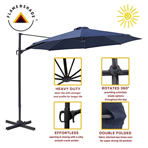 FLAME&SHADE 10 ft Cantilever Offset Outdoor Patio Umbrella with Base Stand Rotate and Tilt - Navy