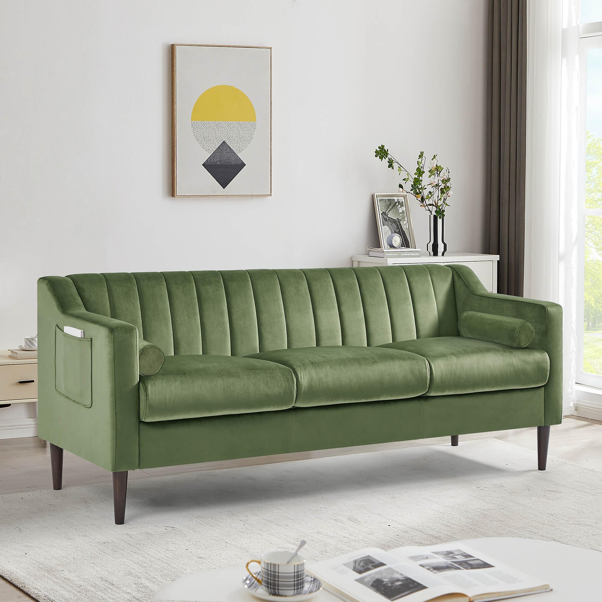RIDFY Modern Velvet Chesterfield Sofa Couch, Large 3 Seats Love Seats Sofa Furniture, 76" Comfortable Upholstered Cofa with Wooden Frame and Wood Legs for Living Room/Bedroom/Office (Green)
