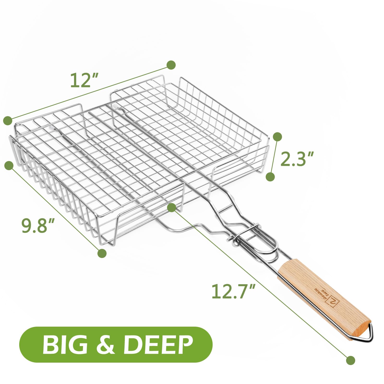 DOUBLE TWO - Stainless Steel Grill Basket, Grill Baskets for Outdoor Grill, Fish Grill Basket, for Meat Vegetable, Grilling Basket, BBQ Accessory, With Adjustable Cover & Detachable Handle, 1Pcs