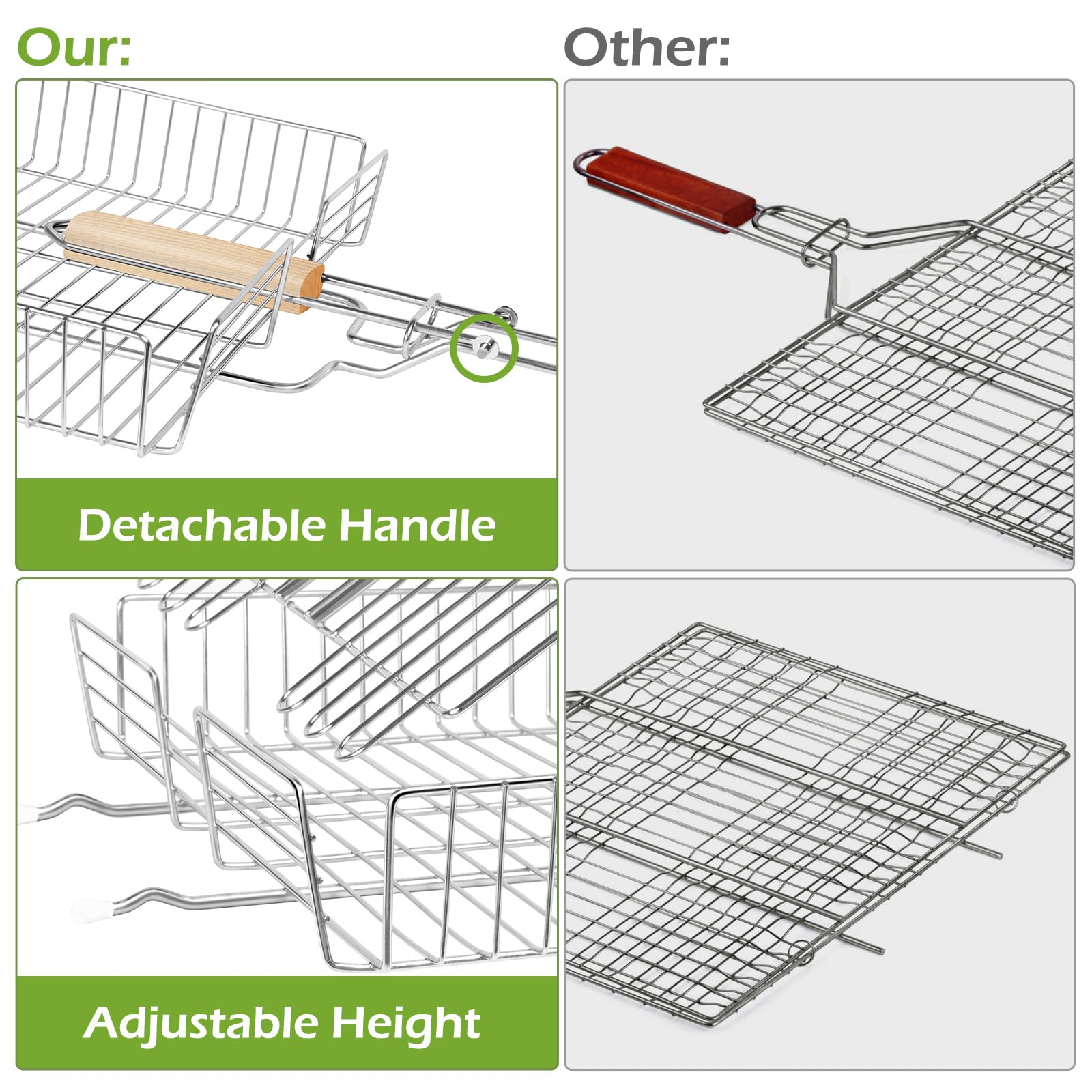DOUBLE TWO - Stainless Steel Grill Basket, Grill Baskets for Outdoor Grill, Fish Grill Basket, for Meat Vegetable, Grilling Basket, BBQ Accessory, With Adjustable Cover & Detachable Handle, 1Pcs