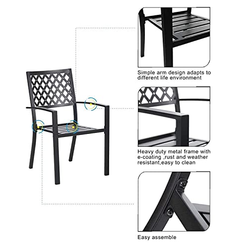 MFSTUDIO Black Metal Patio Stacking Chairs Wave Back Indoor Outdoor Dining Set Wrought Iron Chair with Arm, Set of 6