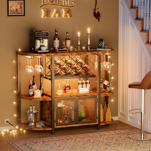Hyomdeck Wine Bar Cabinet with LED Lights and Power Outlets, Industrial Coffee Bar Cabinet for Liquor and Glasses, Farmhouse Bar Cabinet with Freestanding Wine Racks for Kitchen/Dining, Rustic Brown