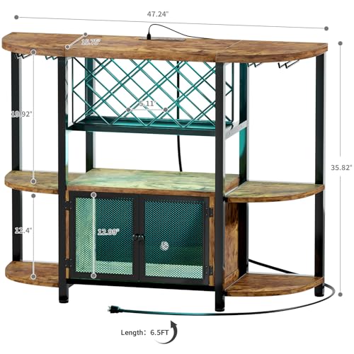 Hyomdeck Wine Bar Cabinet with LED Lights and Power Outlets, Industrial Coffee Bar Cabinet for Liquor and Glasses, Farmhouse Bar Cabinet with Freestanding Wine Racks for Kitchen/Dining, Rustic Brown