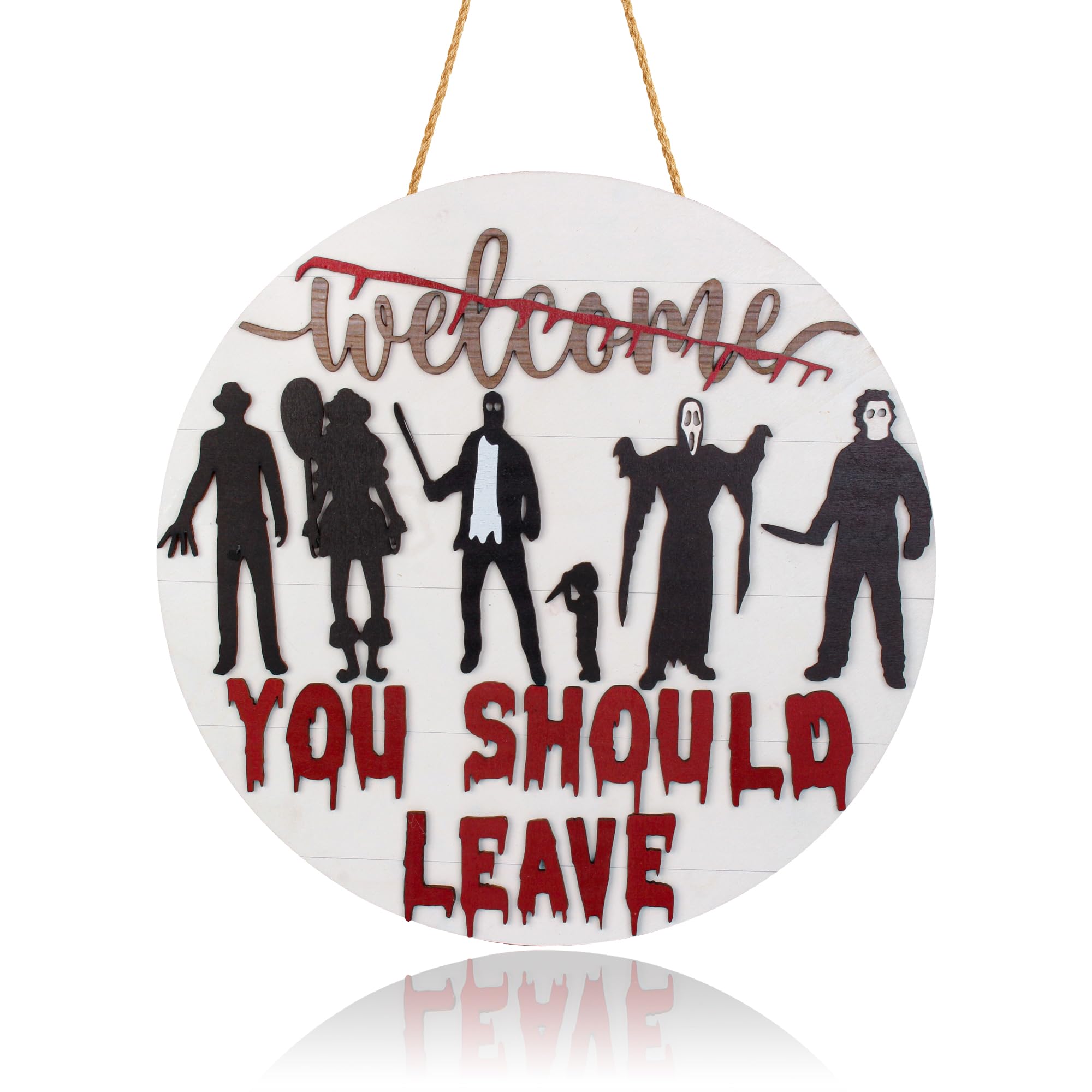 Welcome Sign for Front Door, Christmas Wreath Door Sign Wooden Farmhouse Decor, YOU SHOULD LEAVE Scary Horror Movies Sign Home Decorations for Porch Window Party Fall Winter