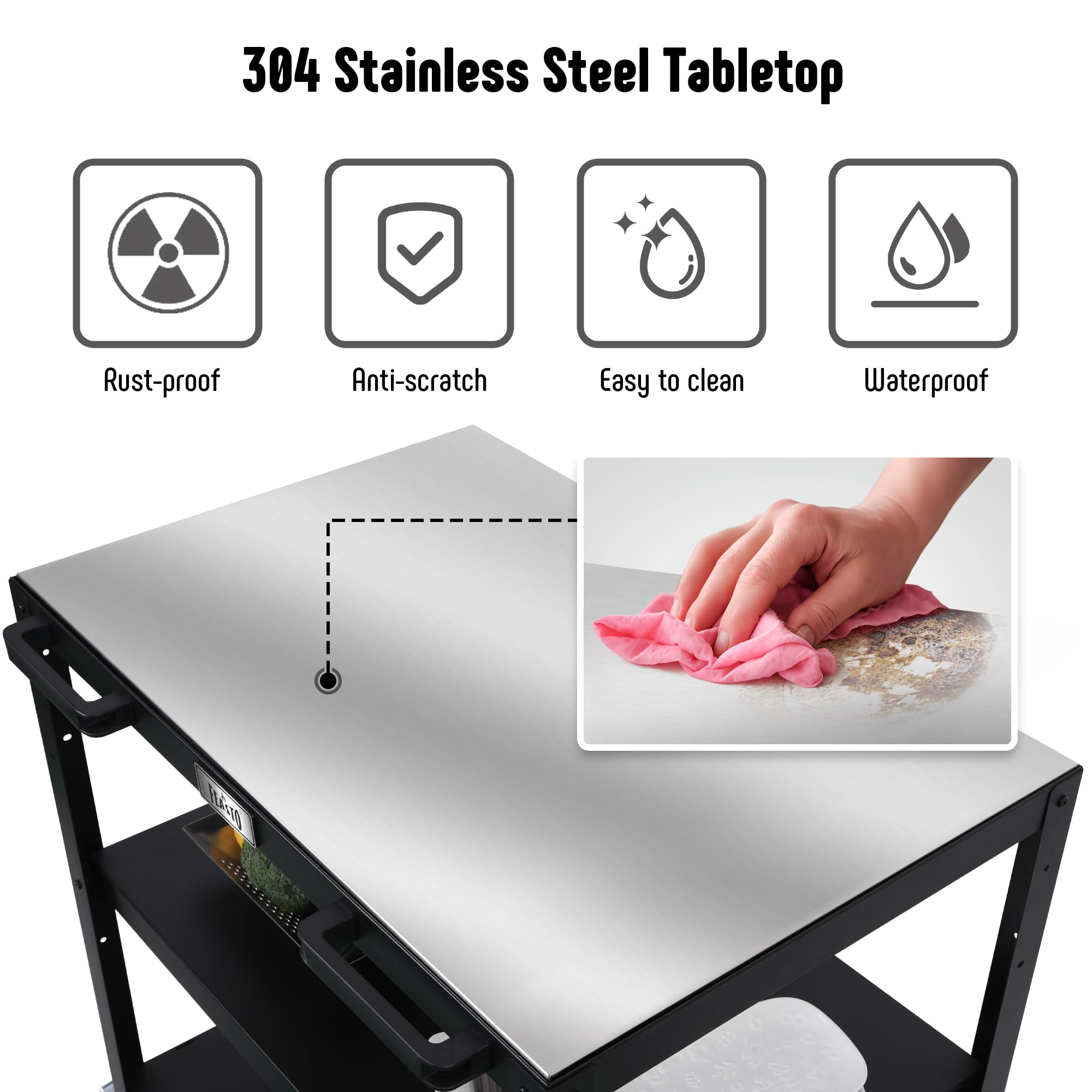 Feasto Large Movable Pizza Oven Table for Outdoor, 36''x 24'' Tabletop Stainless Steel Grill Cart with Wheels, 3-Shelf Outdoor Kitchen Prep Table Pizza Oven Stand on Wheels for Ooni 16, Blackstone
