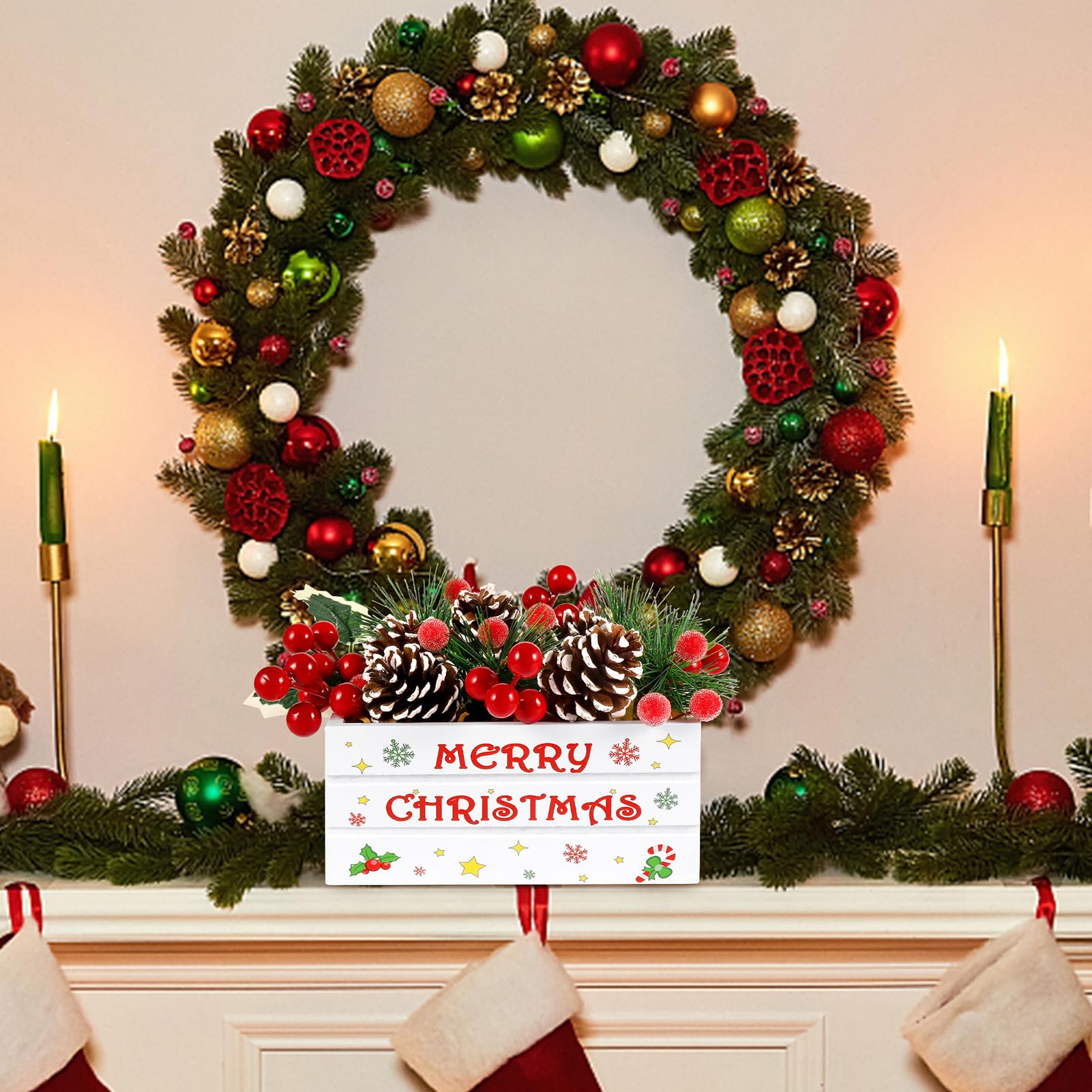 Christmas Table Centerpieces Mini Merry Christmas Wooden Crate, Christmas Tiered Tray Decorations Christmas Flower Arrangements with Pinecone Red Berries for Tiered Tray Shelf Table Kitchen Home Decor