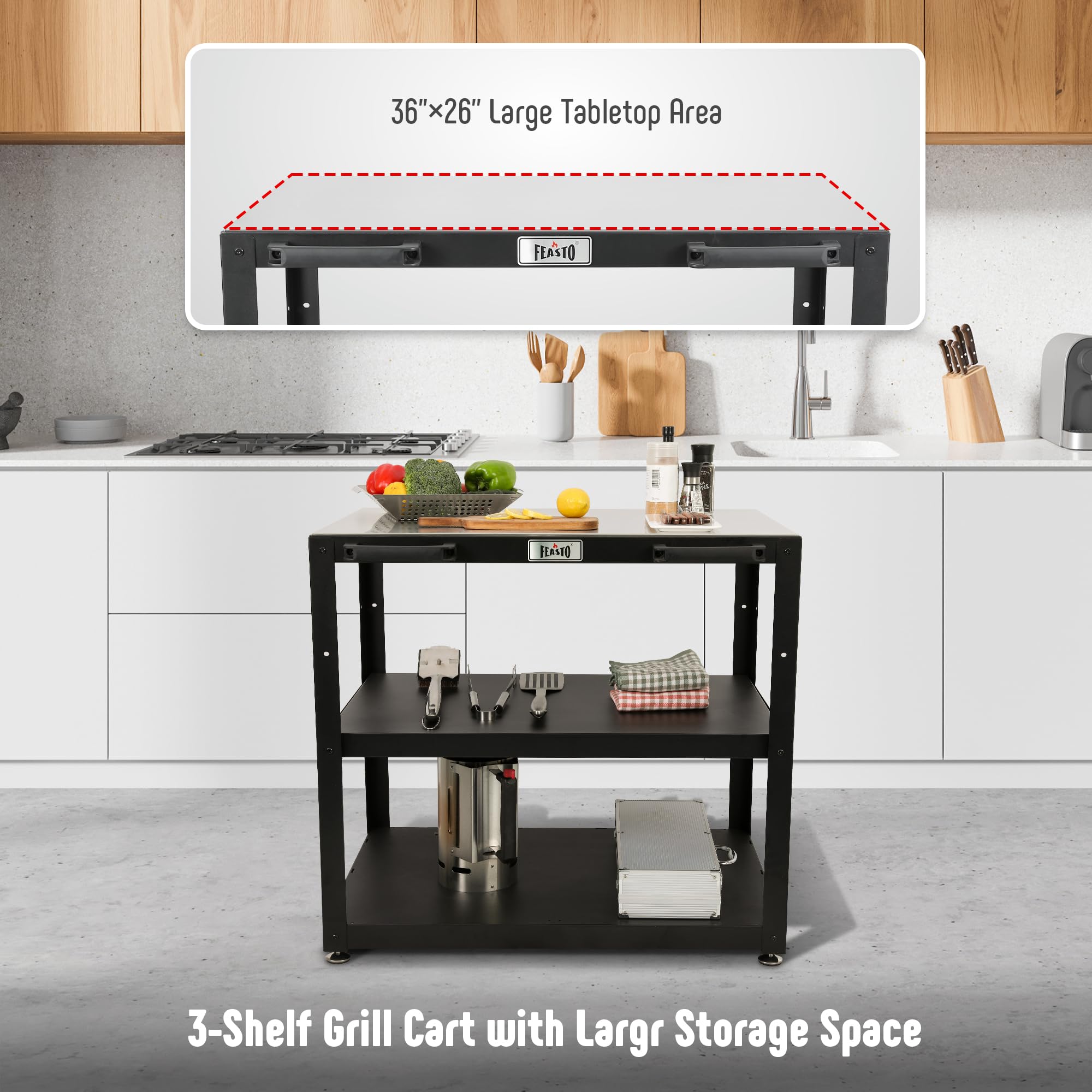 Feasto Large Movable Pizza Oven Table for Outdoor, 36''x 24'' Tabletop Stainless Steel Grill Cart with Wheels, 3-Shelf Outdoor Kitchen Prep Table Pizza Oven Stand on Wheels for Ooni 16, Blackstone