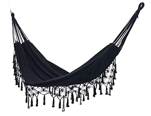 Xuanmuque Double Sized Boho Macrame Black Hammock with Elegant Tassels and Fishtail Knitting 485Lbs Includes Tie Ropes and Black Drawstring Bag for Women