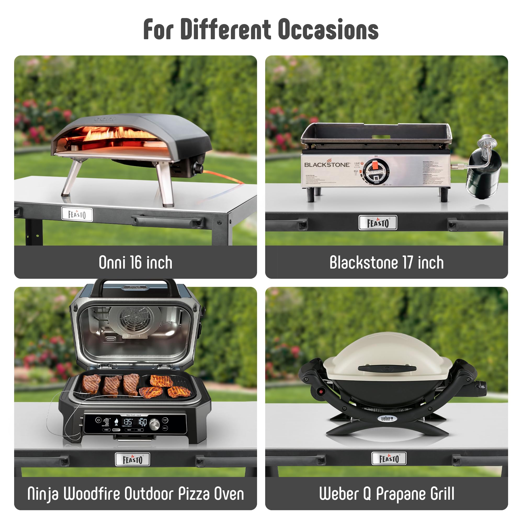 Feasto Large Movable Pizza Oven Table for Outdoor, 36''x 24'' Tabletop Stainless Steel Grill Cart with Wheels, 3-Shelf Outdoor Kitchen Prep Table Pizza Oven Stand on Wheels for Ooni 16, Blackstone
